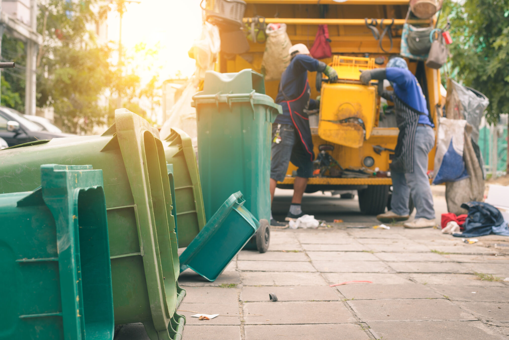 Garbage collector on the garbage truck.Sweeper or Worker are loading ...